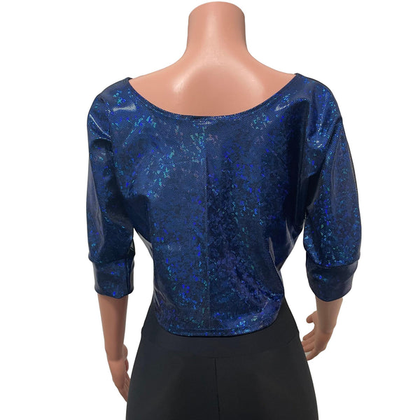 Dolman Crop Top Loose Tee in Black Mesh and Blue Holographic Shattered ...