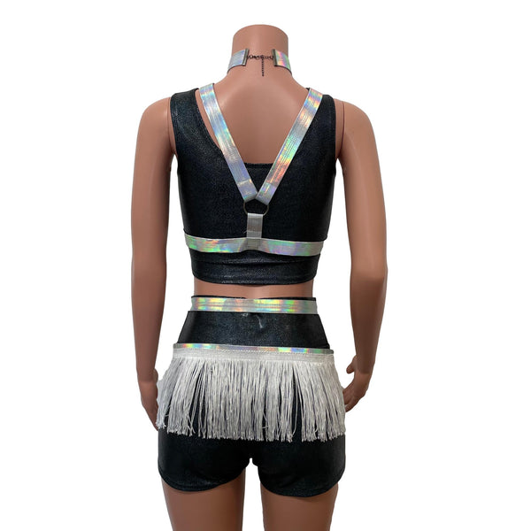 Fringe Harness Set in Opal Holographic | Cage Bra Rave Body Harness ...