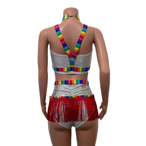 Fringe Harness Set in Rainbow Stripe | Cage Bra Rave Body Harness ...